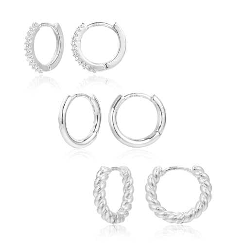 3 Pairs Small Huggie Hoop Earrings Set White Gold Hypoallergenic Silver Huggie Hoops Earrings for Women