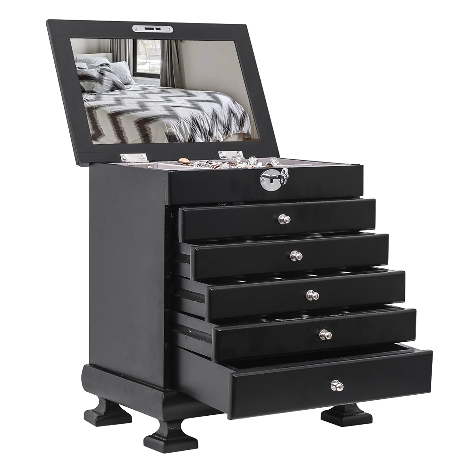 Owl's-Yard Makeup Storage Organizer with 5 Drawers Jewelry Cabinet, wood Household Multi-Layer Jewelry Skin Care Cosmetic Box Storage Rack for Necklace Earrings, Black