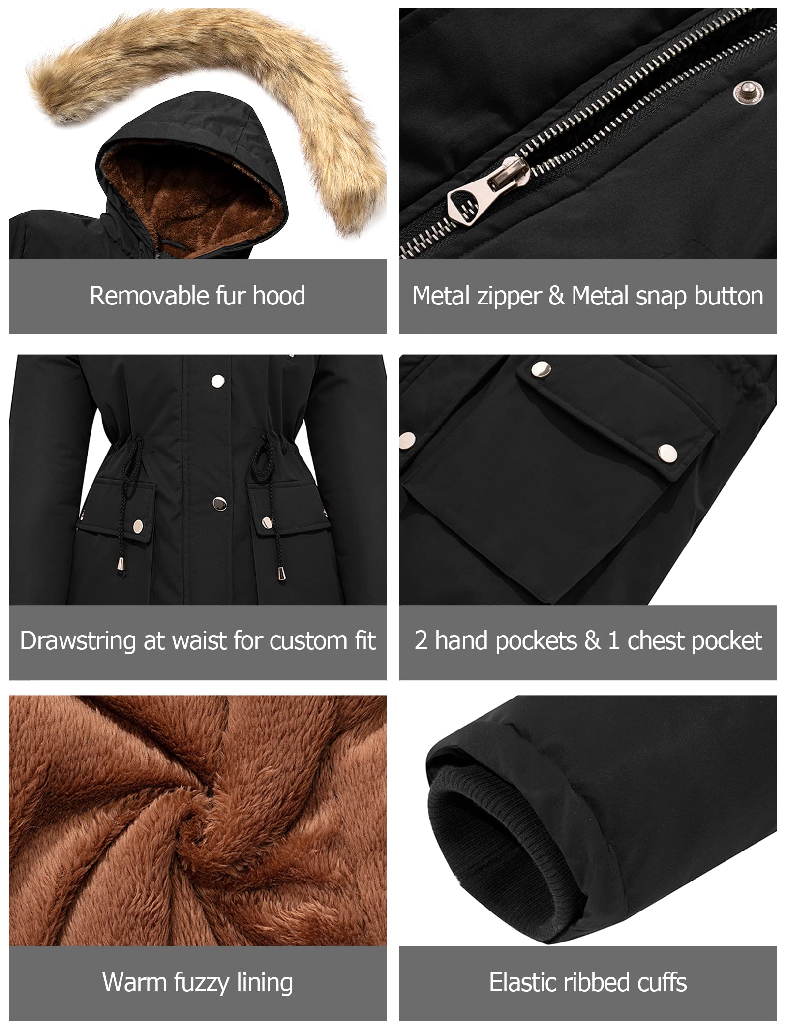 FARVALUE Womens Water-reprllent Winter Coat Thicken Puffer Jacket Warm FLeece Lined Parka with Fur Hood Black Large