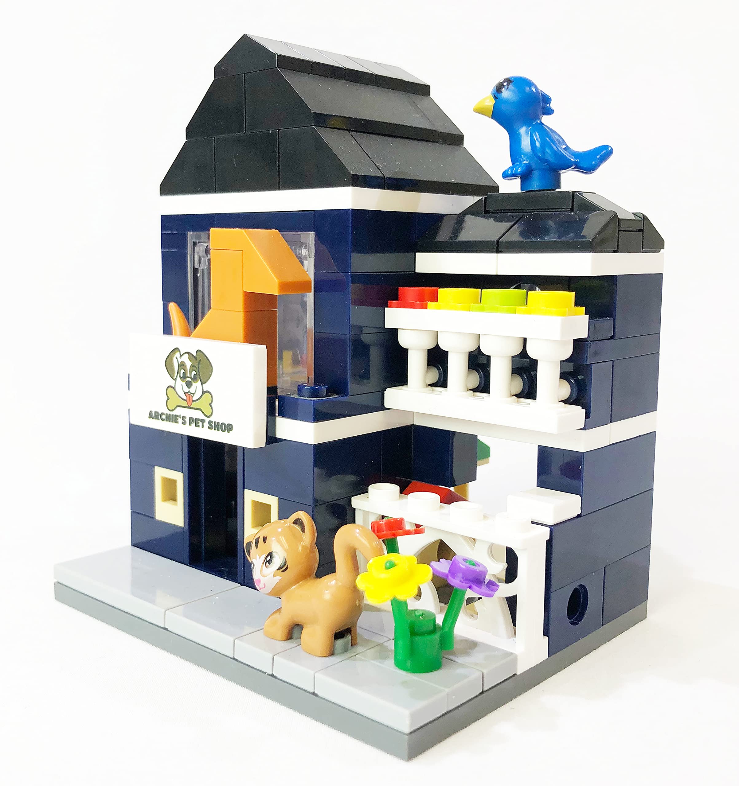 Brick Loot Exclusive Mini City Archie's Pet Shop Model - Custom Designed 155 Piece Set - Compatible with Lego and Other Major Brick Brand Models - Includes Animals: Dog, Cat, Bird and More