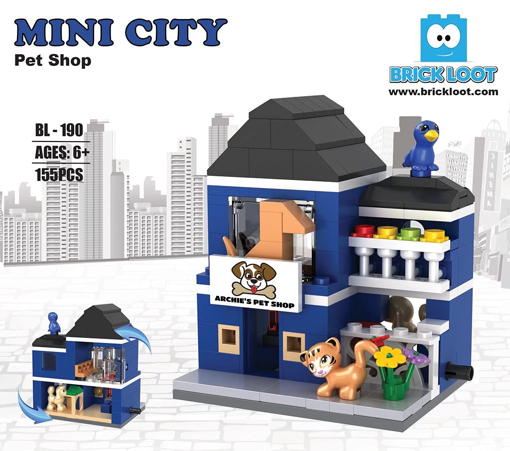 Brick Loot Exclusive Mini City Archie's Pet Shop Model - Custom Designed 155 Piece Set - Compatible with Lego and Other Major Brick Brand Models - Includes Animals: Dog, Cat, Bird and More