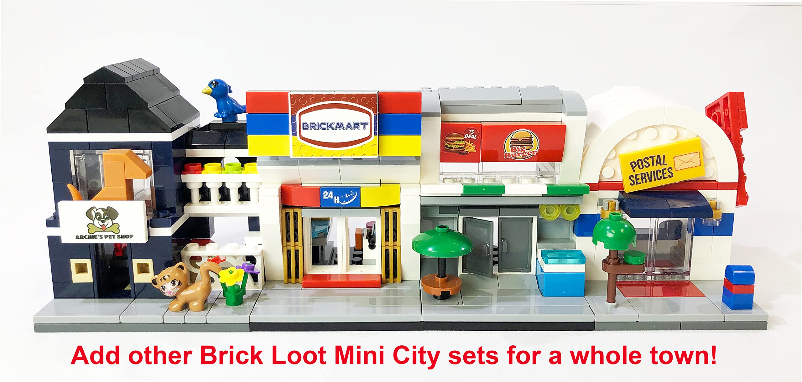 Brick Loot Exclusive Mini City Archie's Pet Shop Model - Custom Designed 155 Piece Set - Compatible with Lego and Other Major Brick Brand Models - Includes Animals: Dog, Cat, Bird and More