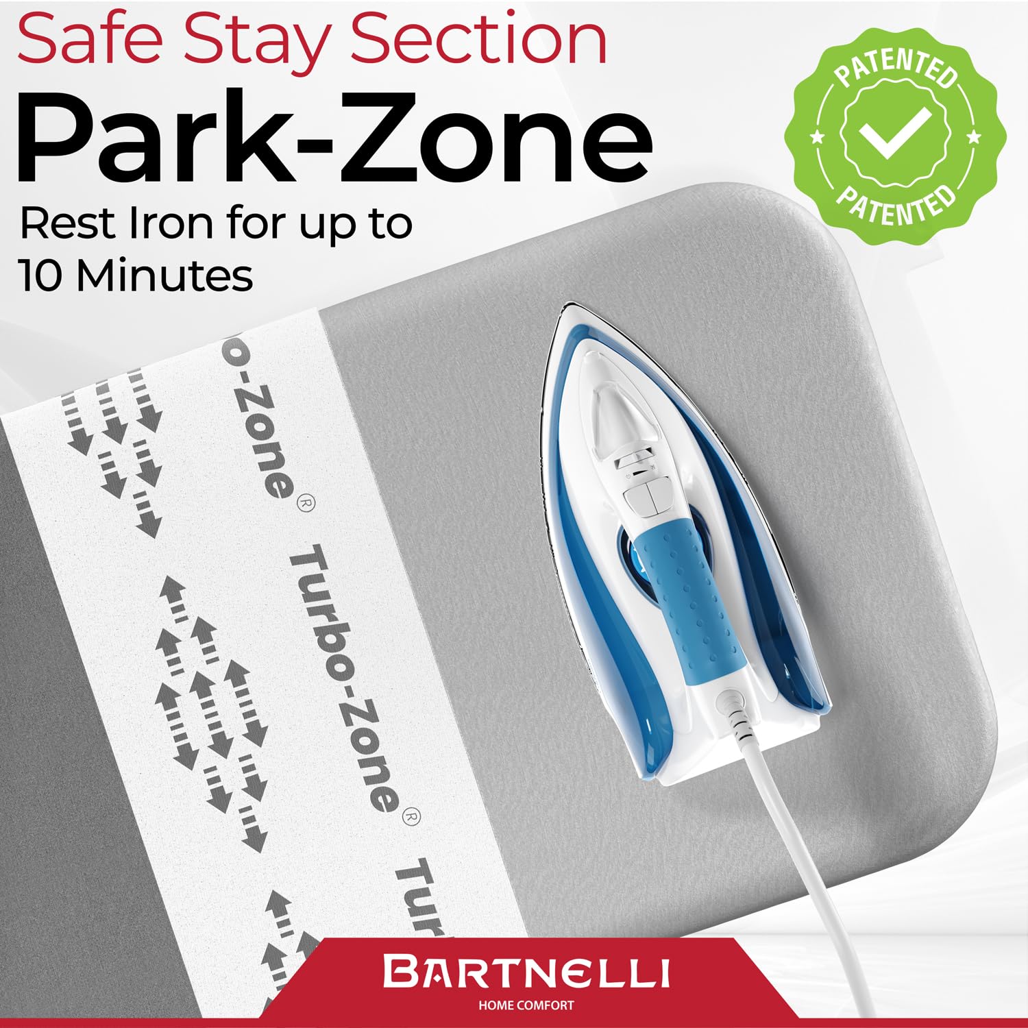 Bartnelli Ironing Board Cover and Pad, Made in Europe with New Patent Technology | 54x15 Iron Board Replacement Cover Featuring Park & Turbo Zone, Scorch Resistant 100% Cotton Thick Layered Top