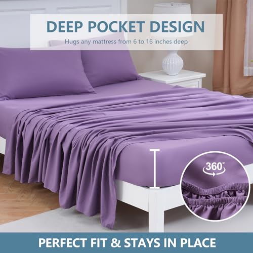 MEISHANG Full Size Sheet Set, Soft Breathable Cooling Brushed Microfiber Bed Sheets, Hotel Luxury Egyptian Sheets with 16 Inch Deep Pocket, Wrinkle Free, 4 Pieces (Full, Purple)
