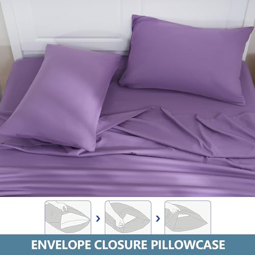 MEISHANG Full Size Sheet Set, Soft Breathable Cooling Brushed Microfiber Bed Sheets, Hotel Luxury Egyptian Sheets with 16 Inch Deep Pocket, Wrinkle Free, 4 Pieces (Full, Purple)