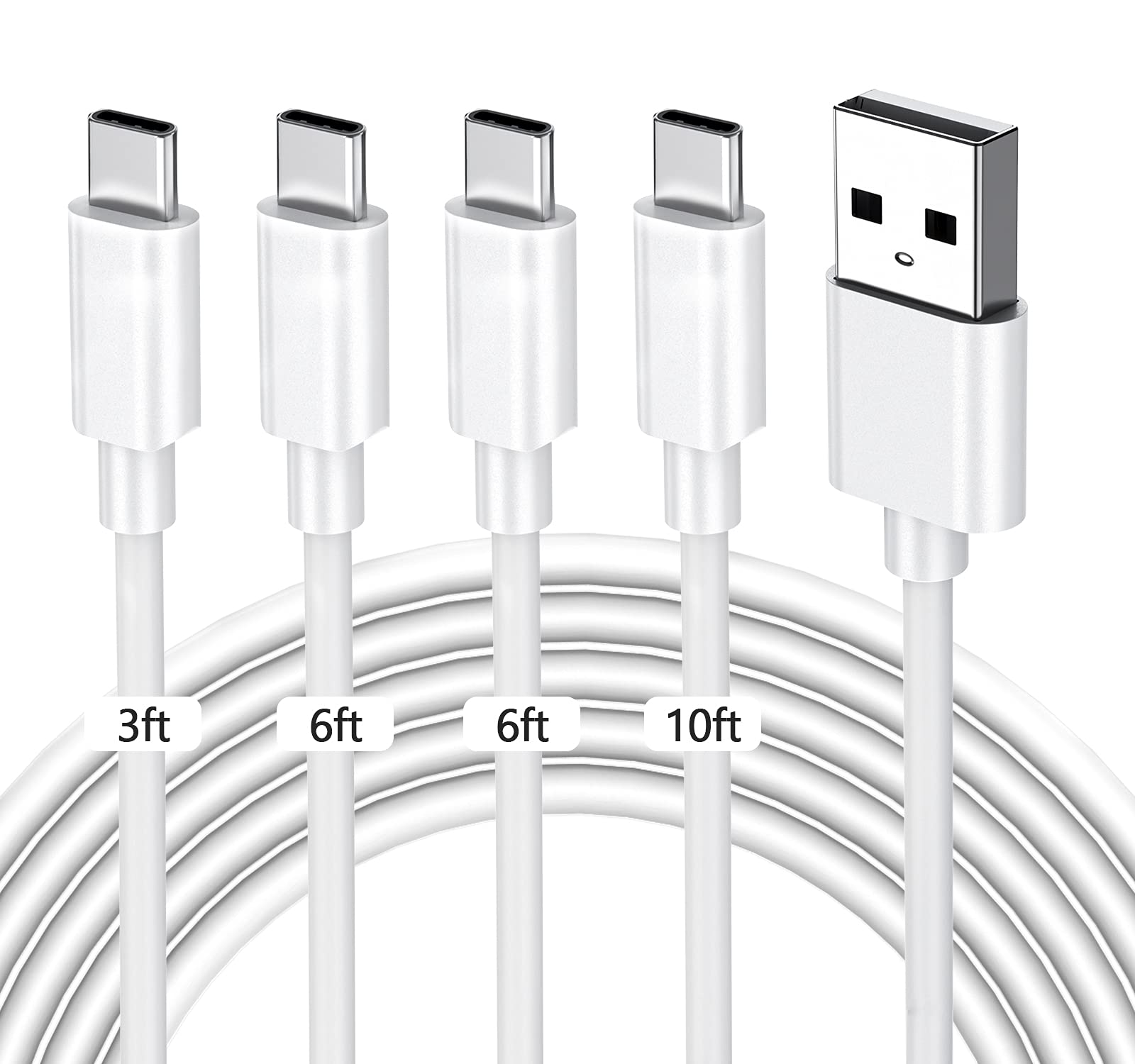 USB Type C Cable [4pack 3ft+6ft+6ft+10ft] 60W Fast Charging, Long USB A to USB C Phone Charger Data Sync Transfer Cord Compatible with Samsung Galaxy S10 S10E S9 S8 S20 Plus A20,Note 10 9 8,LG V30 V40
