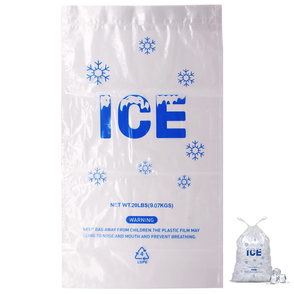 Belinlen 100 PACK 20 lb. Plastic Drawstring Ice Bags 14 x 28 Inch Heavy-Duty Ice Bags with Plastic Draw String (2.8mil Thickness)