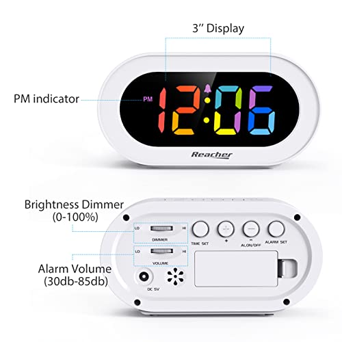 REACHER Small Colorful LED Digital Alarm Clock with Snooze, Simple to Operate, Full Range Brightness Dimmer, Adjustable Alarm Volume, Outlet Powered Compact Clock for Bedrooms, Bedside, Desk, Shelf