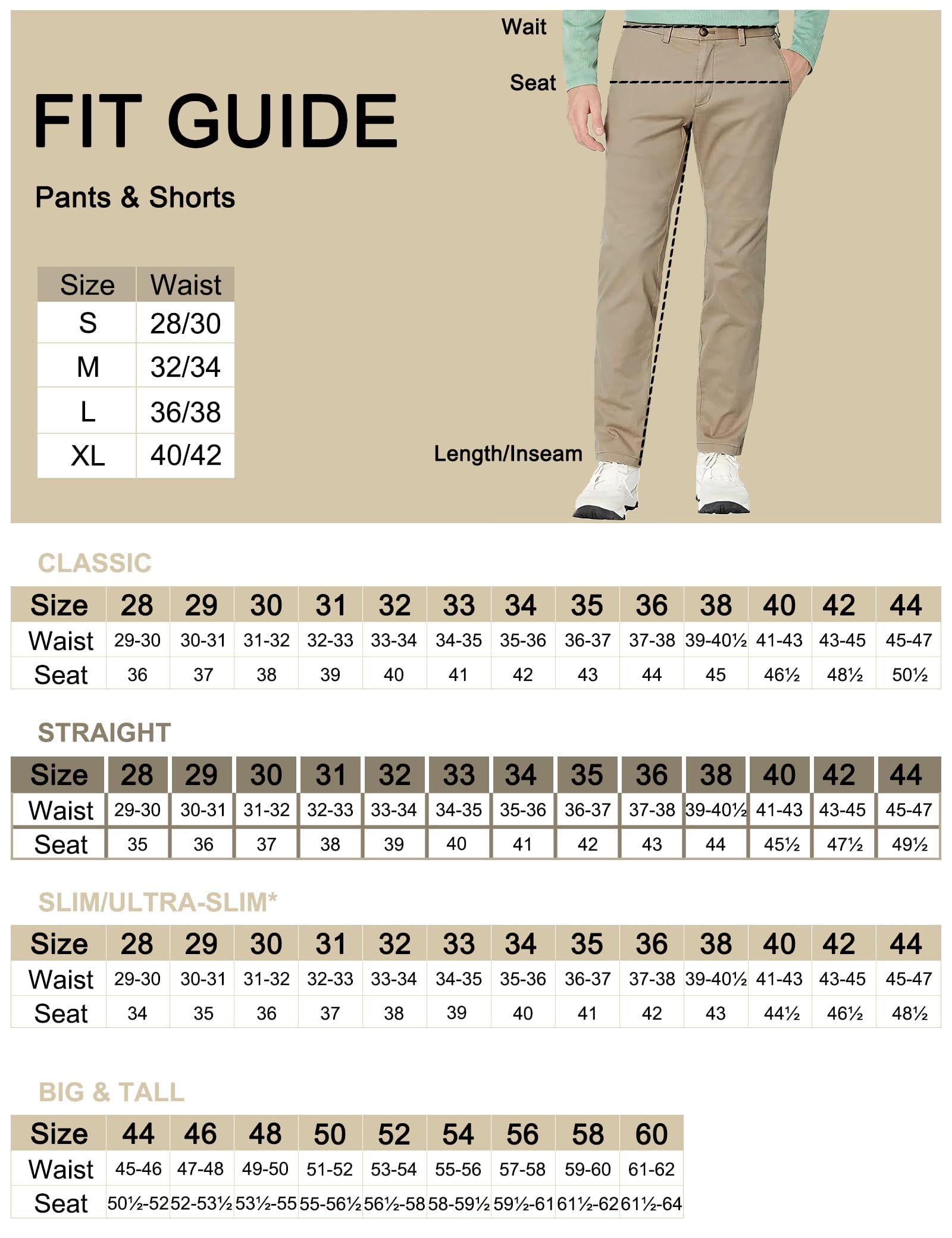 Mens Classic Fit Khaki Casual Chino Pants Whit Hidden Comfort Waistband(WKQ32L42)