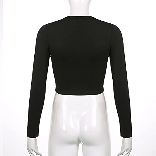 Women Y2K Long Sleeve Top Tee Sexy Graphic Print Shirt Rhinestone Slim Fit Blouse Tops Streewear (A-Balck,S)