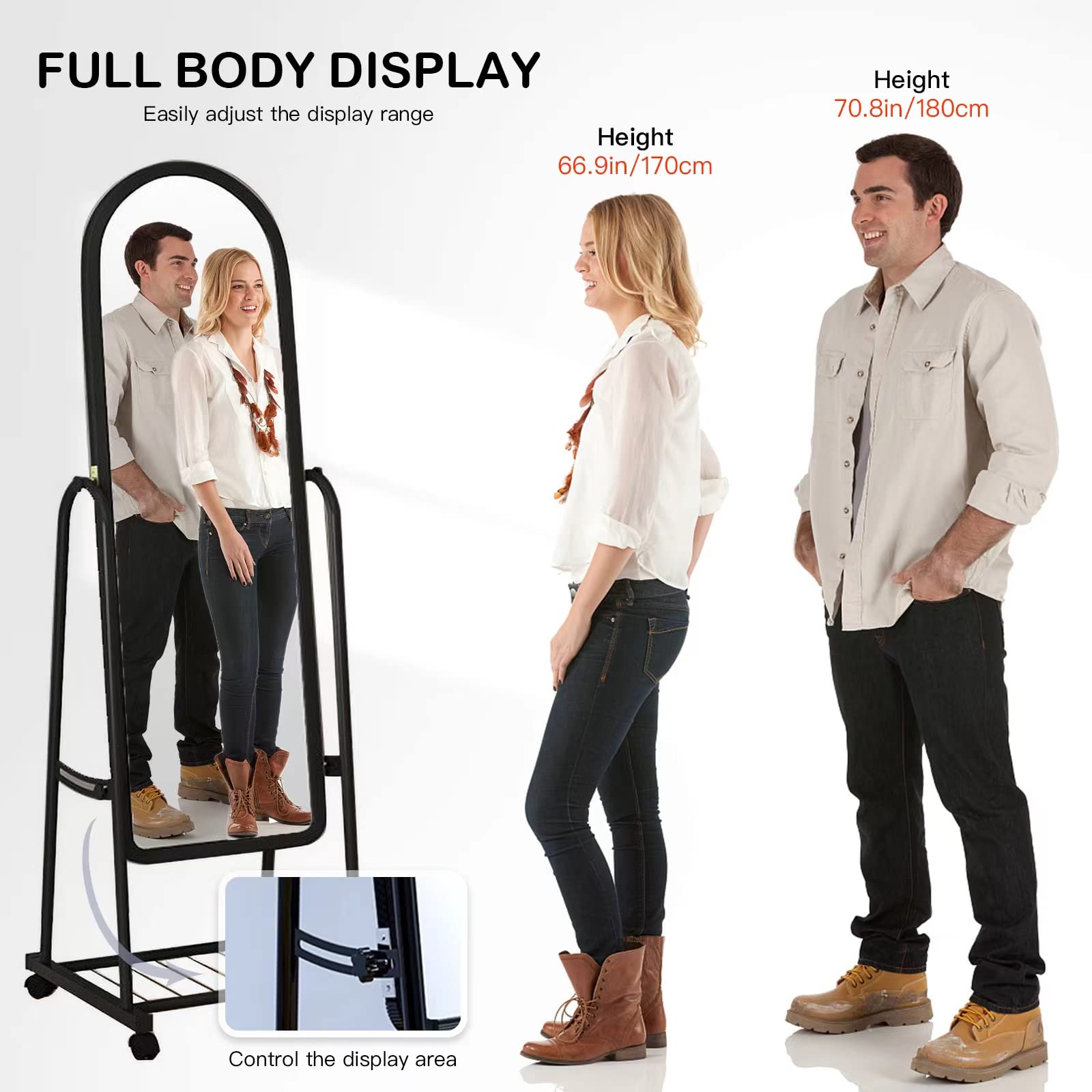 Jexdar Full-Length Mirror with Bracket, 66"x17"Adjustable Stand Up Mirror on Wheels with Underneath Storage, Floor-Standing Make Up Vanity Mirror Dressing Mirror for Bedroom Bathroom Porch