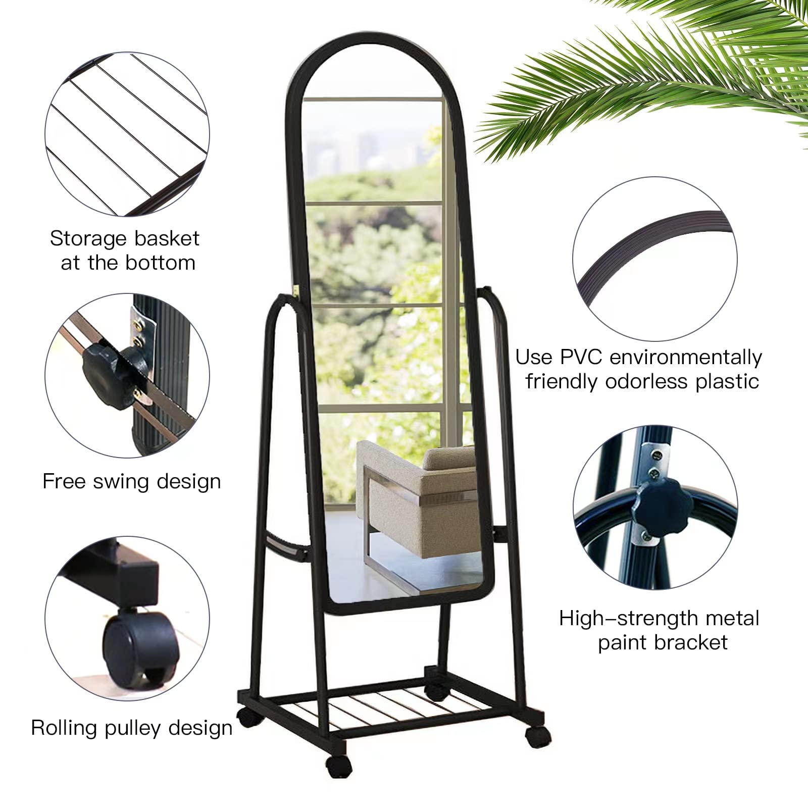 Jexdar Full-Length Mirror with Bracket, 66"x17"Adjustable Stand Up Mirror on Wheels with Underneath Storage, Floor-Standing Make Up Vanity Mirror Dressing Mirror for Bedroom Bathroom Porch