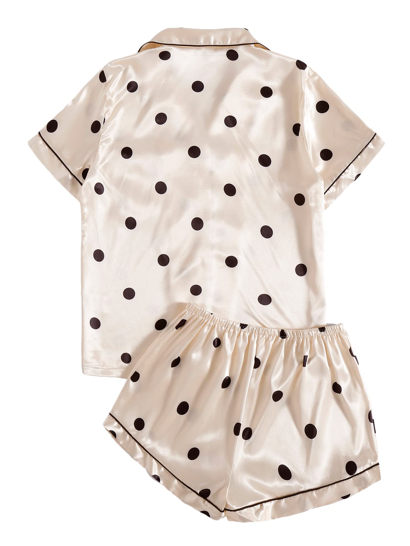 LYANER Women's Polka Dots Silky Satin Pajamas Short Sleeve Top with Shorts Sleepwear PJ Set Beige Small