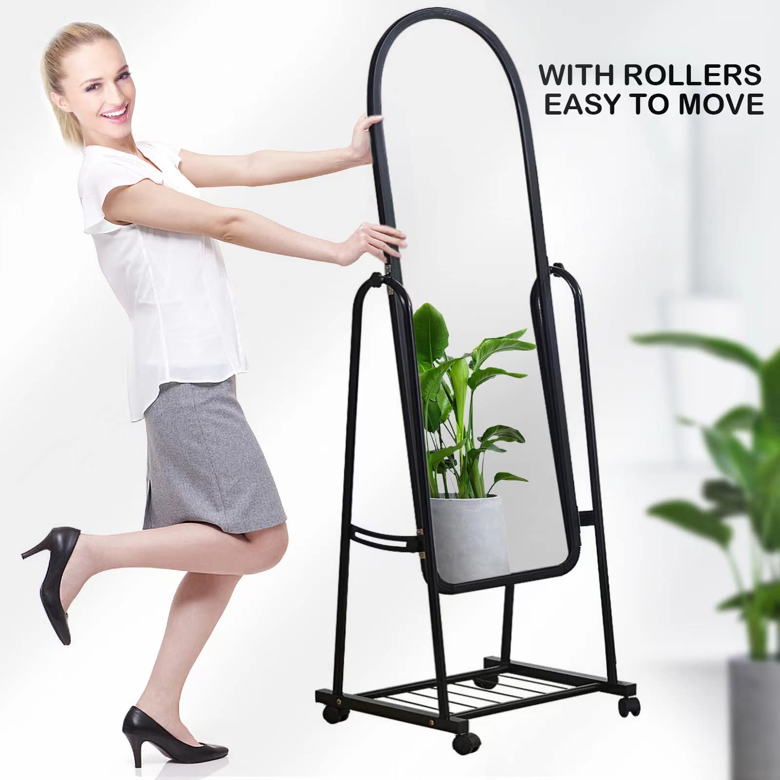 Jexdar Full-Length Mirror with Bracket, 66"x17"Adjustable Stand Up Mirror on Wheels with Underneath Storage, Floor-Standing Make Up Vanity Mirror Dressing Mirror for Bedroom Bathroom Porch