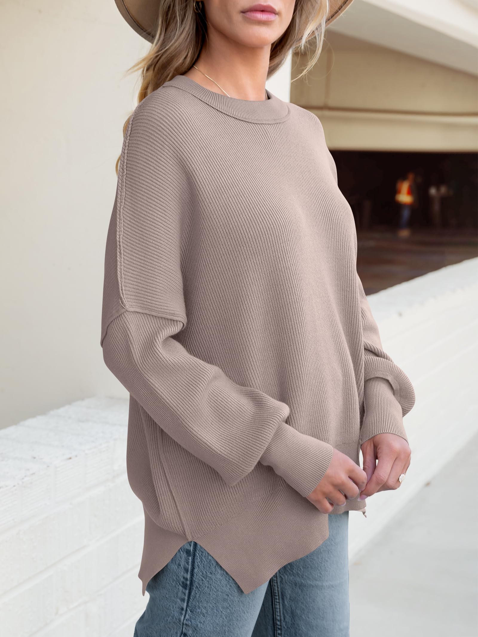 ANRABESS Women Crewneck Batwing Long Sleeve 2024 Fall Oversized Side Slit Ribbed Knit Pullover Sweaters Top Cozy Outfits Pink Apricot Large