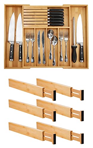 Bamboo Silverware Tray for drawer, Expandable/Adjustable Drawer Dividers (6 Pack)