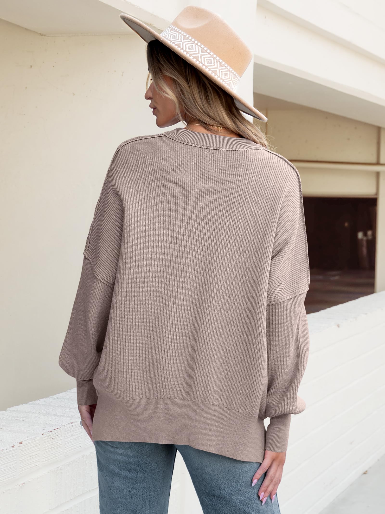 ANRABESS Women Crewneck Batwing Long Sleeve 2024 Fall Oversized Side Slit Ribbed Knit Pullover Sweaters Top Cozy Outfits Pink Apricot Large