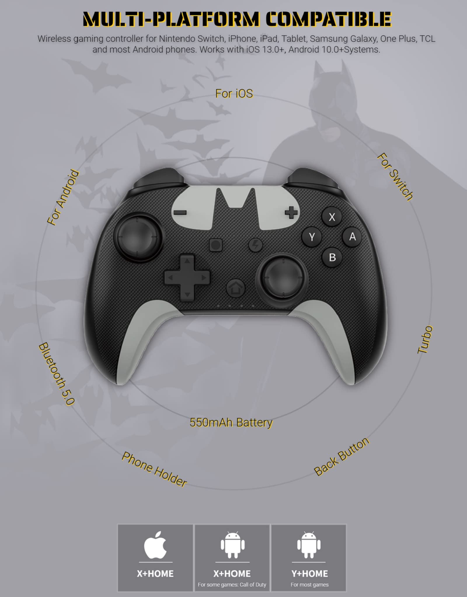 arVin Bluetooth Controller for iPhone/iPad/iOS/Android/Tablet/Switch Controller, Wireless Gaming Gamepad for iPhone14/13/12/11, Samsung Galaxy S22/S21/S20 Ultra with Phone Holder, Back Button, Turbo