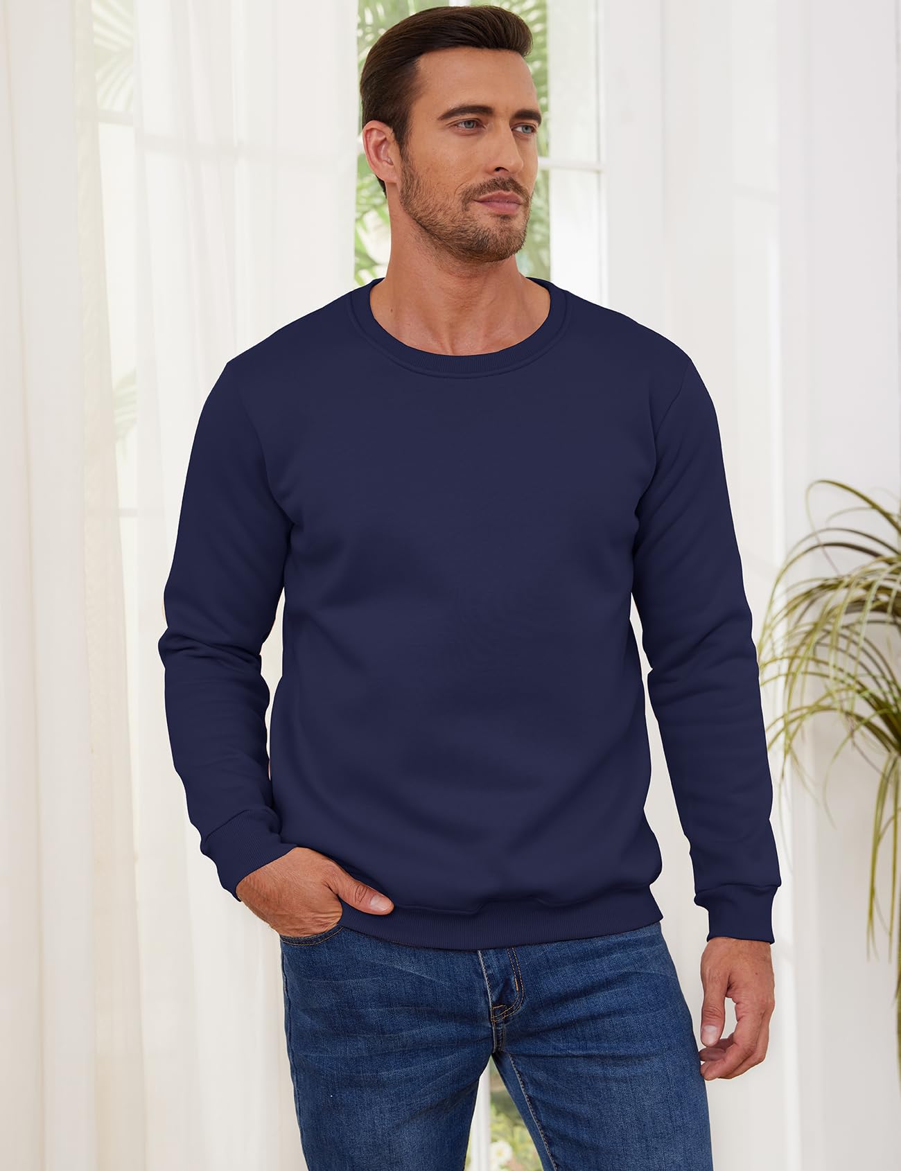 Gihuo Men's Crewneck Sweatshirt Winter Warm Sherpa Lined Pullover Fleece Top Heavyweight Loungewear Sweatshirt (Navy, Large)
