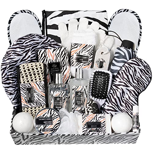 Rosa Acca Bath and Body Gift Spa Gift Set 20 Pcs Set Vanilla Coconut Zebra Spa Kit, Spa Bath Set for Women Gift with Body Lotion,Slipper,Pumic Stone,Soap & More for Christmas Holiday Thanksgiving Day