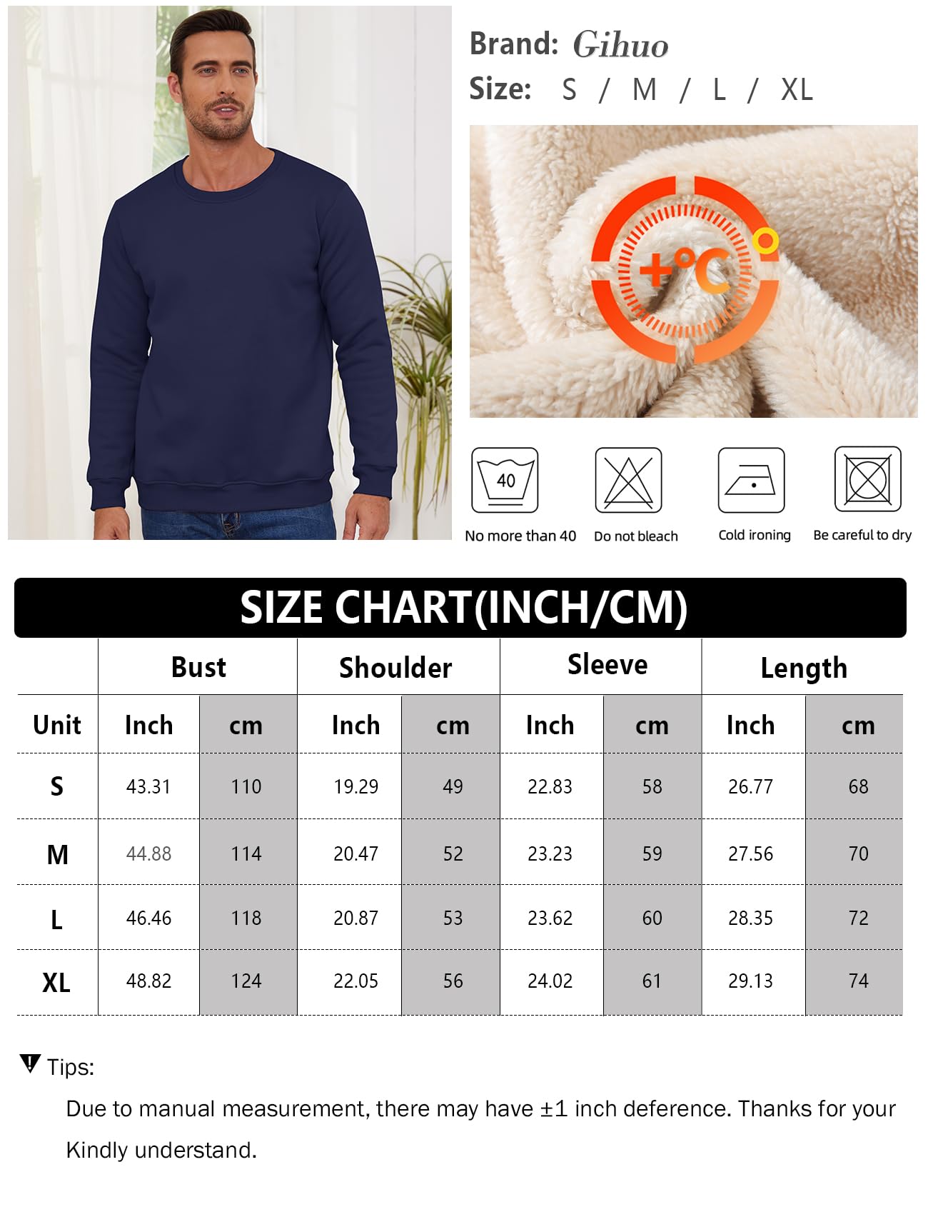 Gihuo Men's Crewneck Sweatshirt Winter Warm Sherpa Lined Pullover Fleece Top Heavyweight Loungewear Sweatshirt (Navy, Large)