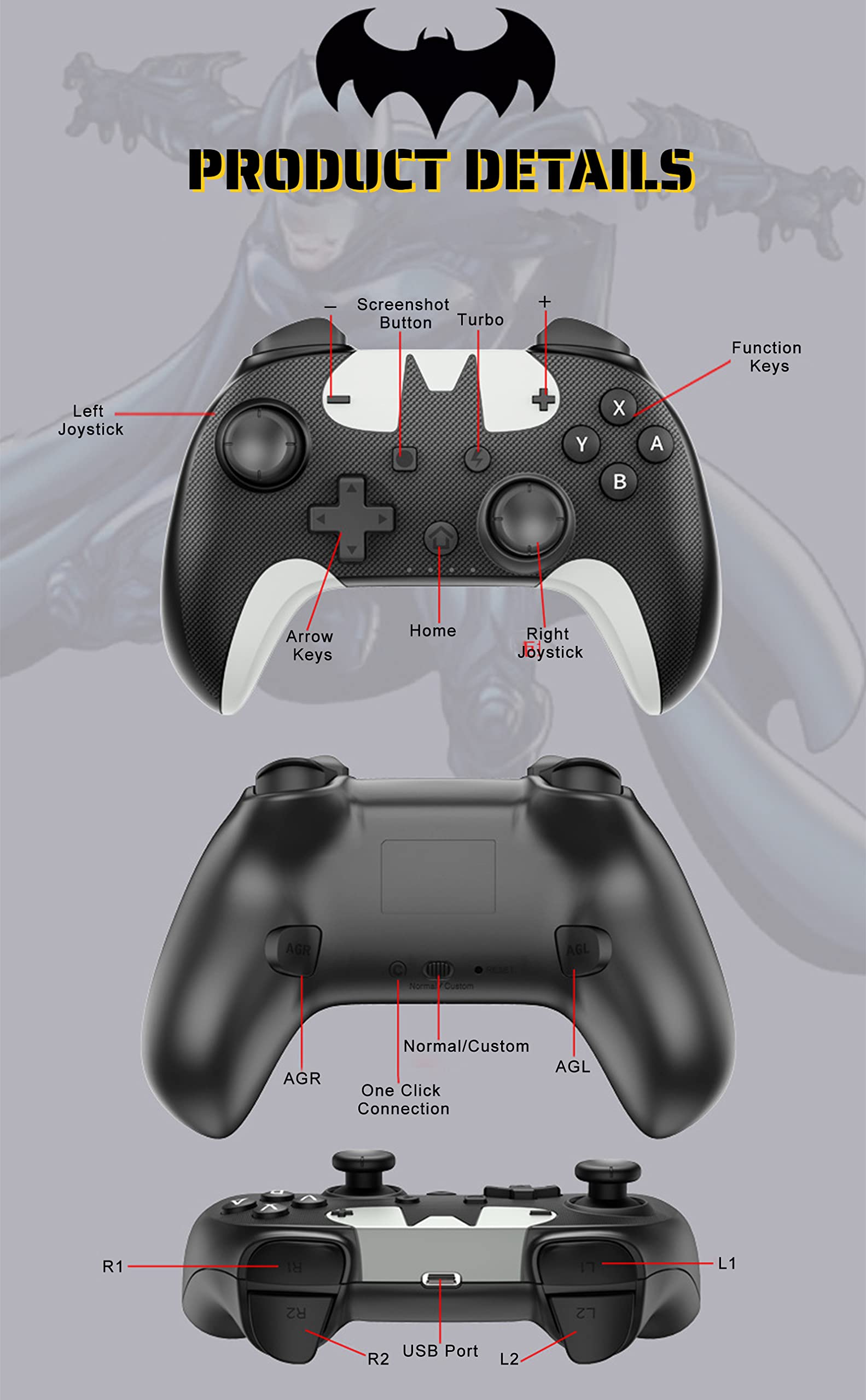 arVin Bluetooth Controller for iPhone/iPad/iOS/Android/Tablet/Switch Controller, Wireless Gaming Gamepad for iPhone14/13/12/11, Samsung Galaxy S22/S21/S20 Ultra with Phone Holder, Back Button, Turbo