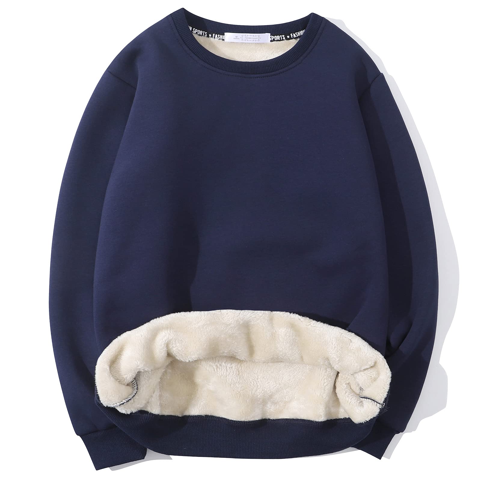 Gihuo Men's Crewneck Sweatshirt Winter Warm Sherpa Lined Pullover Fleece Top Heavyweight Loungewear Sweatshirt (Navy, Large)