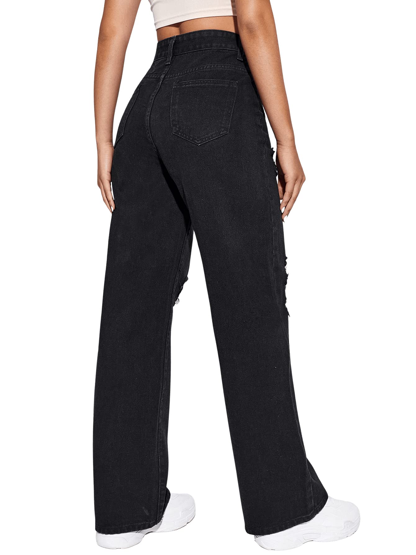 SweatyRocks Women's High Waist Slant Pocket Denim Jeans Ripped Straight Leg Pants Plain Black M