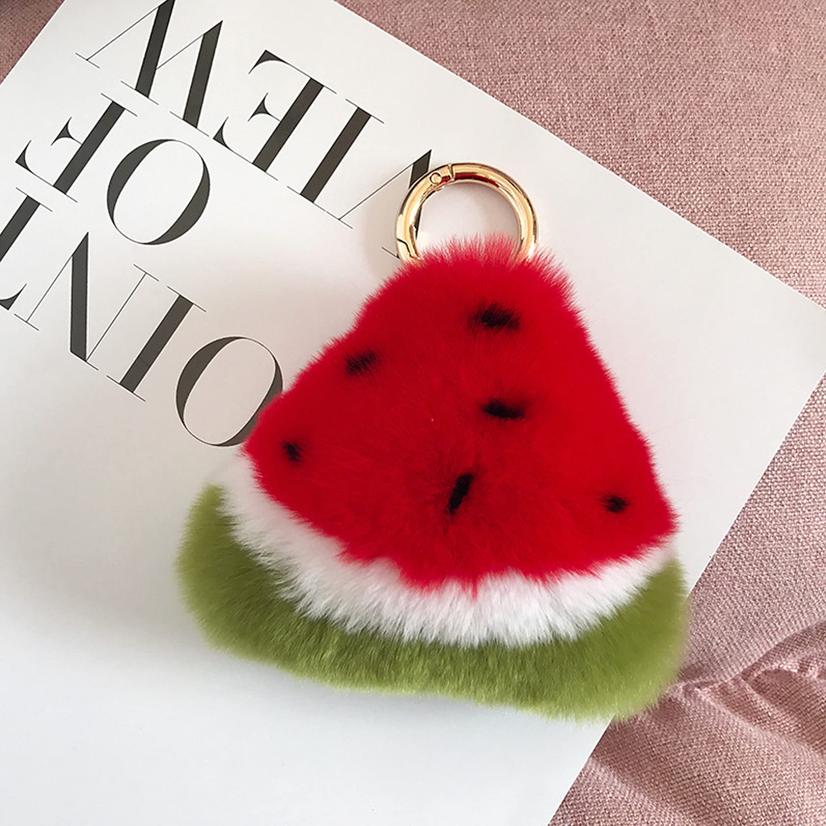 URSFUR Soft Fur Keychain Cute Rabbit Ball Pom Pendant Plush Doll Key Chain Ring Car Bag Charm for Women Girls Watermelon