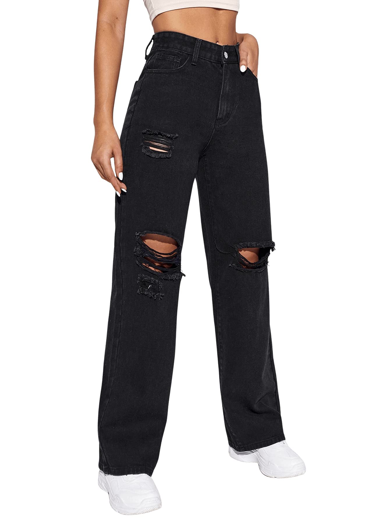 SweatyRocks Women's High Waist Slant Pocket Denim Jeans Ripped Straight Leg Pants Plain Black M