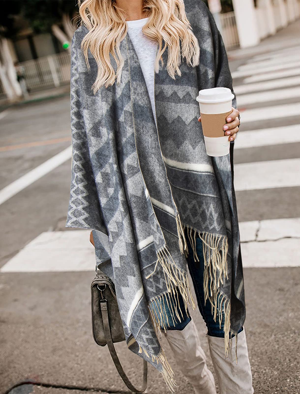 LittleMax Women's Open Front Boho Cardigan Oversized Knitted Shawl Wrap Cape Sweater Plaid Tassel Poncho (Grey-245, One-size)