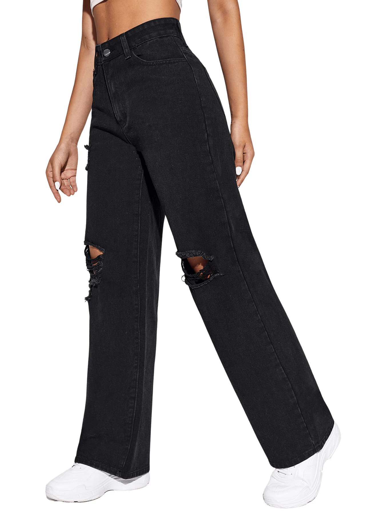 SweatyRocks Women's High Waist Slant Pocket Denim Jeans Ripped Straight Leg Pants Plain Black M