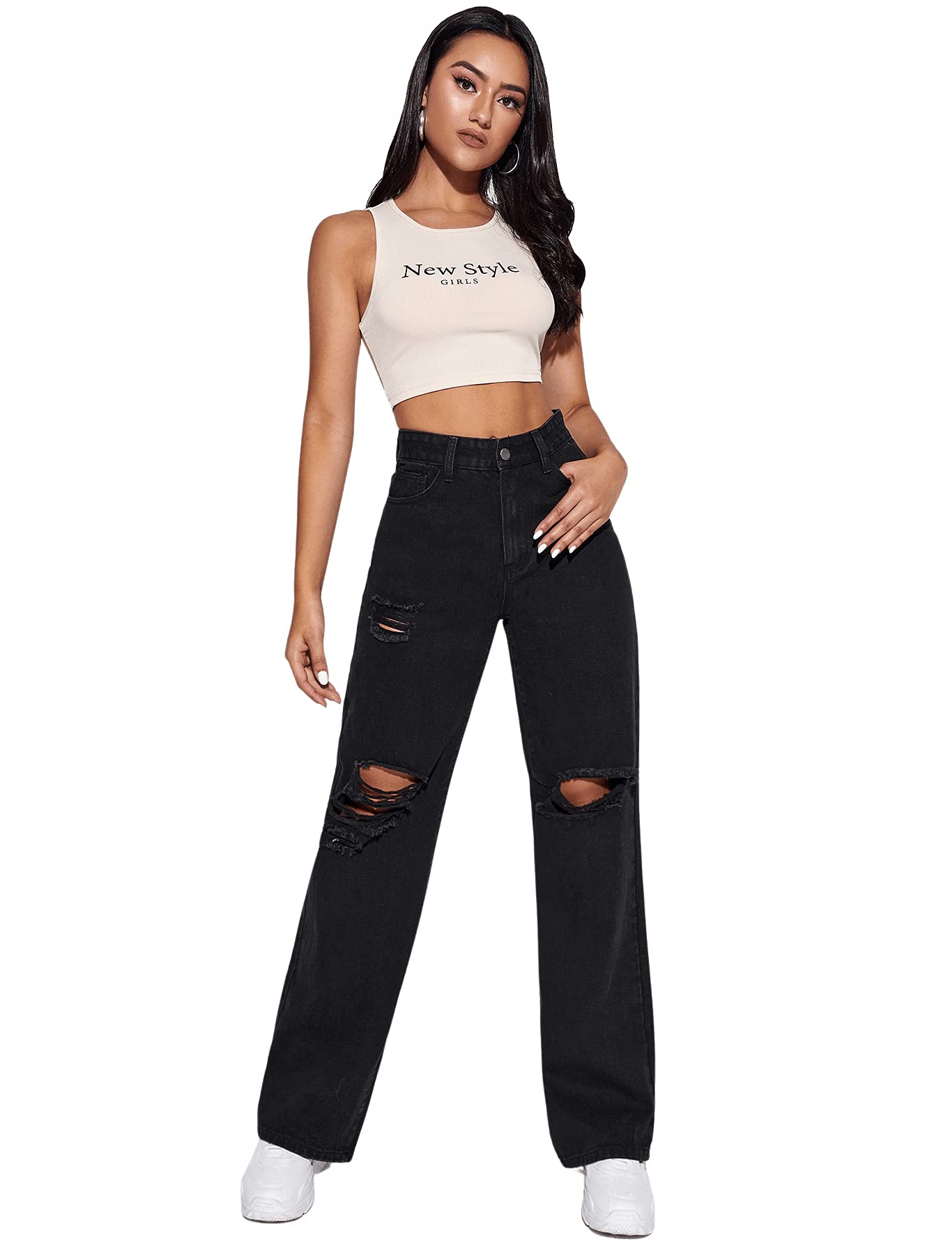 SweatyRocks Women's High Waist Slant Pocket Denim Jeans Ripped Straight Leg Pants Plain Black M