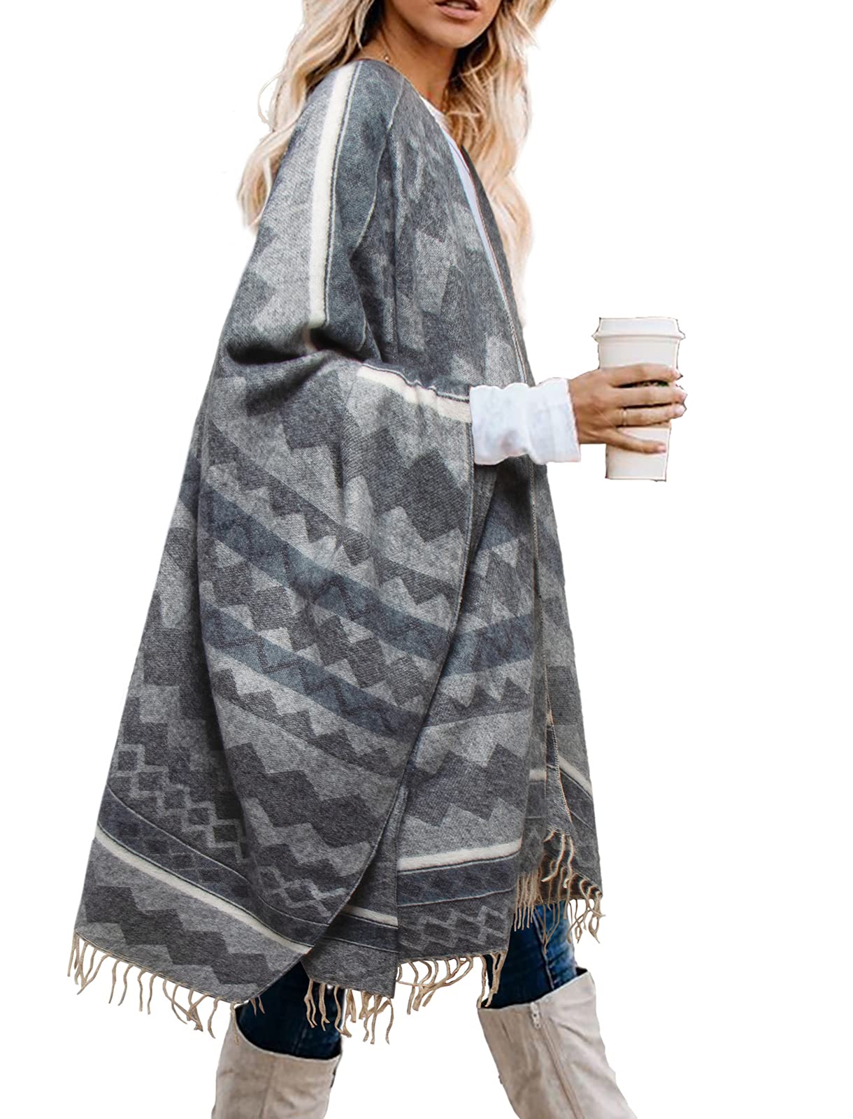 LittleMax Women's Open Front Boho Cardigan Oversized Knitted Shawl Wrap Cape Sweater Plaid Tassel Poncho (Grey-245, One-size)