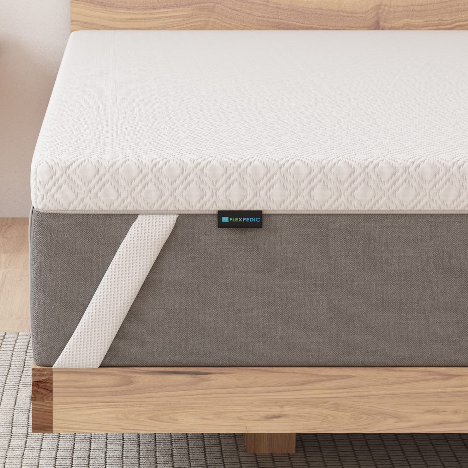 FlexPedic 2 Inch Memory Foam Mattress Topper Queen Size, Pain Relief High-Density Extra Firm Bed Topper, Gel & Bamboo Charcoal Infused Cooling Pad with Skin-Friendly Cover, CertiPUR-US Certified