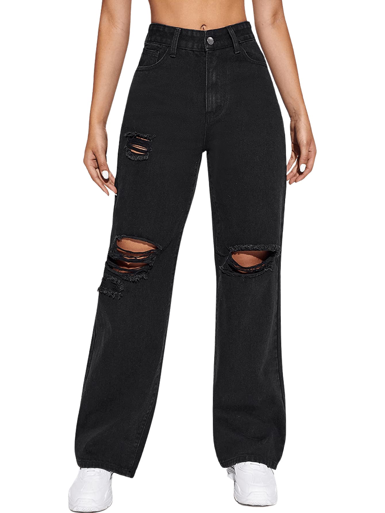 SweatyRocks Women's High Waist Slant Pocket Denim Jeans Ripped Straight Leg Pants Plain Black M