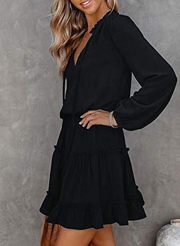Happy Sailed Western Dresses for Women 2024 Sexy V Neck Long Sleeve Ruffle Layered Self Tie Swing Mini Dresses Black Small