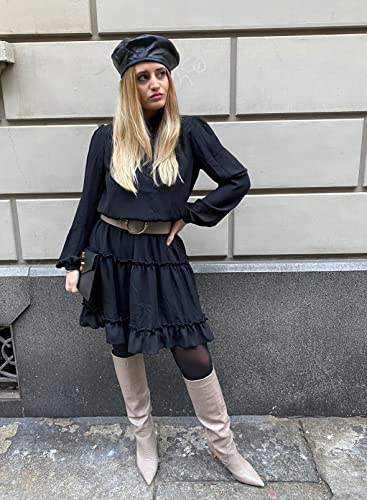 Happy Sailed Western Dresses for Women 2024 Sexy V Neck Long Sleeve Ruffle Layered Self Tie Swing Mini Dresses Black Small