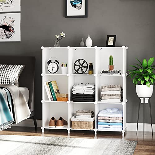 AWTATOS Cube Storage Organizer Modular Storage Cubes Bookshelf Stackable Closet Storage Shelves DIY Plastic 9 Cube Organizer Shelving, Ideal Storage Solution for Bedroom, Home Office, White