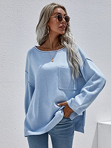 ECOWISH Womens Sweaters Loose Fit Long Sleeve Pullover Crew Neck Knit Sweater with Pockets 217 Blue X-Large