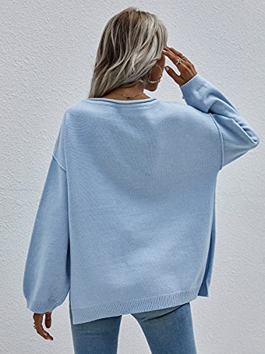ECOWISH Womens Sweaters Loose Fit Long Sleeve Pullover Crew Neck Knit Sweater with Pockets 217 Blue X-Large