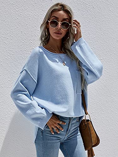 ECOWISH Womens Sweaters Loose Fit Long Sleeve Pullover Crew Neck Knit Sweater with Pockets 217 Blue X-Large