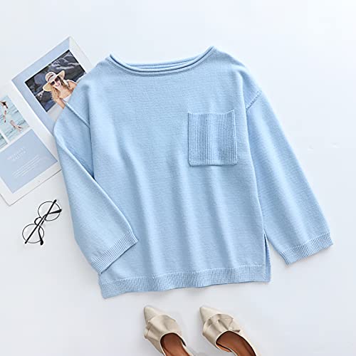 ECOWISH Womens Sweaters Loose Fit Long Sleeve Pullover Crew Neck Knit Sweater with Pockets 217 Blue X-Large