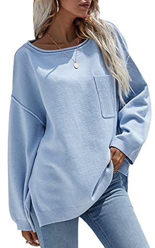 ECOWISH Womens Sweaters Loose Fit Long Sleeve Pullover Crew Neck Knit Sweater with Pockets 217 Blue X-Large