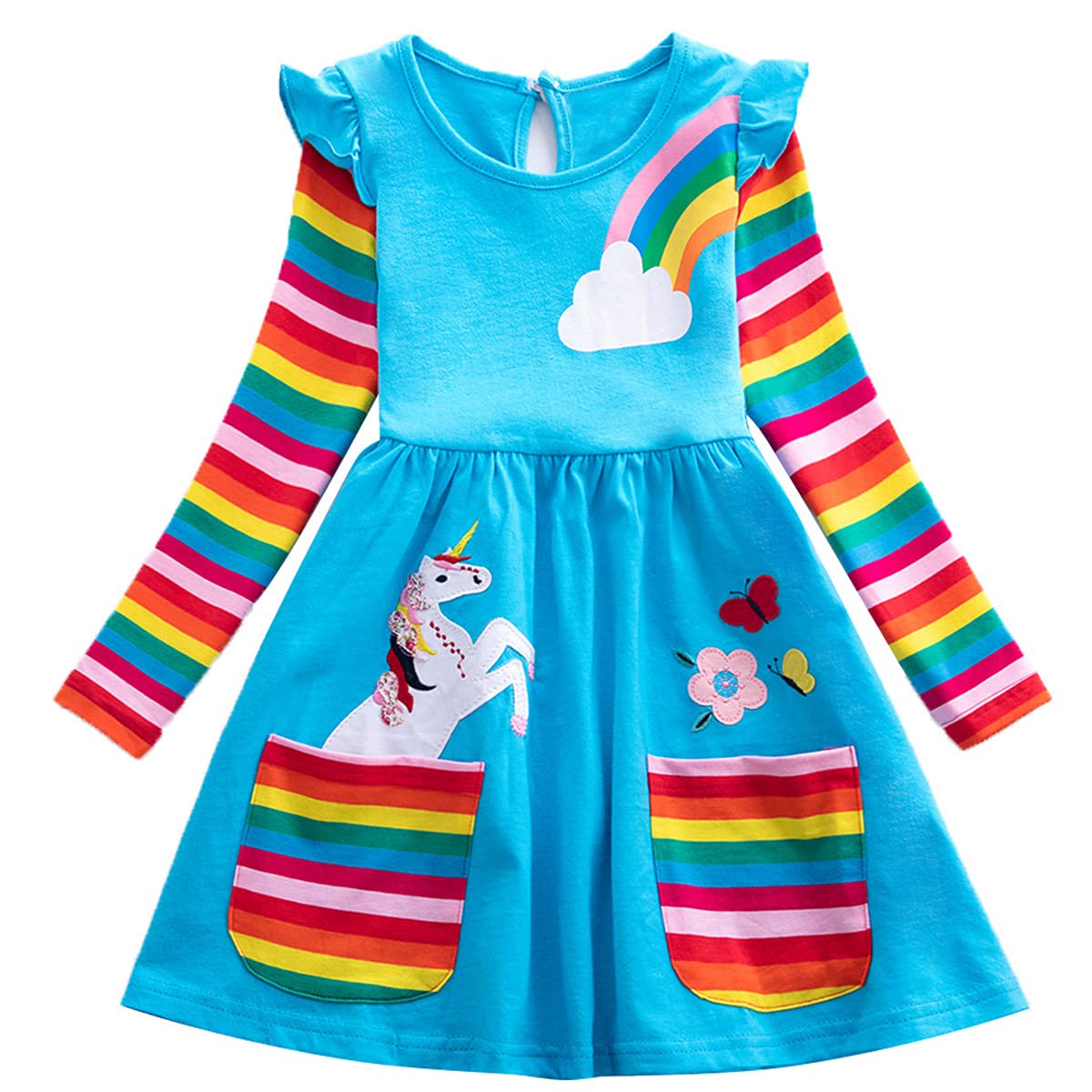 UnionKK Kids Girls Autumn Casual Unicorn Dresses Cotton Long Sleeve Crew Neck Dress 2-7 Years (Blue, 5T)