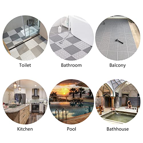 12 Pack 11.8" x 11.8" Interlocking Floor Tiles with Drain Holes Soft PVC Non Slip Shower Floor Mat Rubber Flooring Drainag Mat for Pool, Patio, Balcony, Kennel, Poultry, Dog, Grey&White