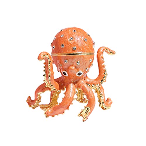 Owlcatcok Octopus Hinged Trinket Box Bejeweled Hand-Painted Ring Holder Animal Collectible Figurine Decoration Ring Storage Box (Orange Octopus Jewelry Box)