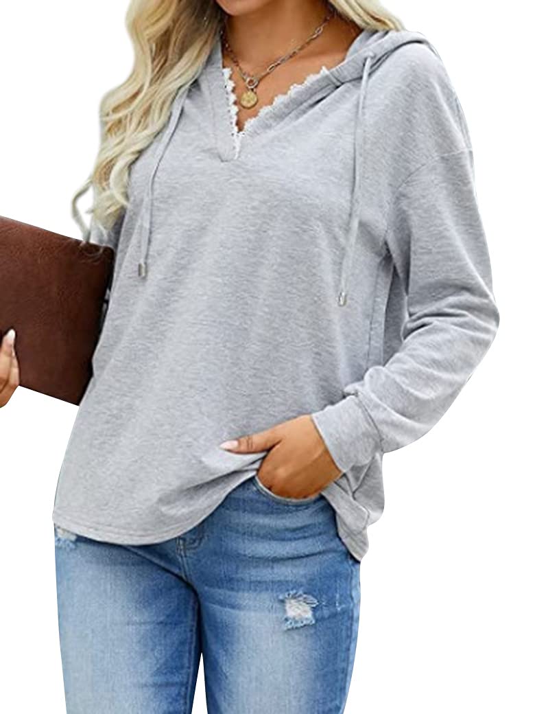 Ezcosplay Women Casual V Neck Hoodies Oversized Sweatshirt Long Sleeve Pullover Tops Gray
