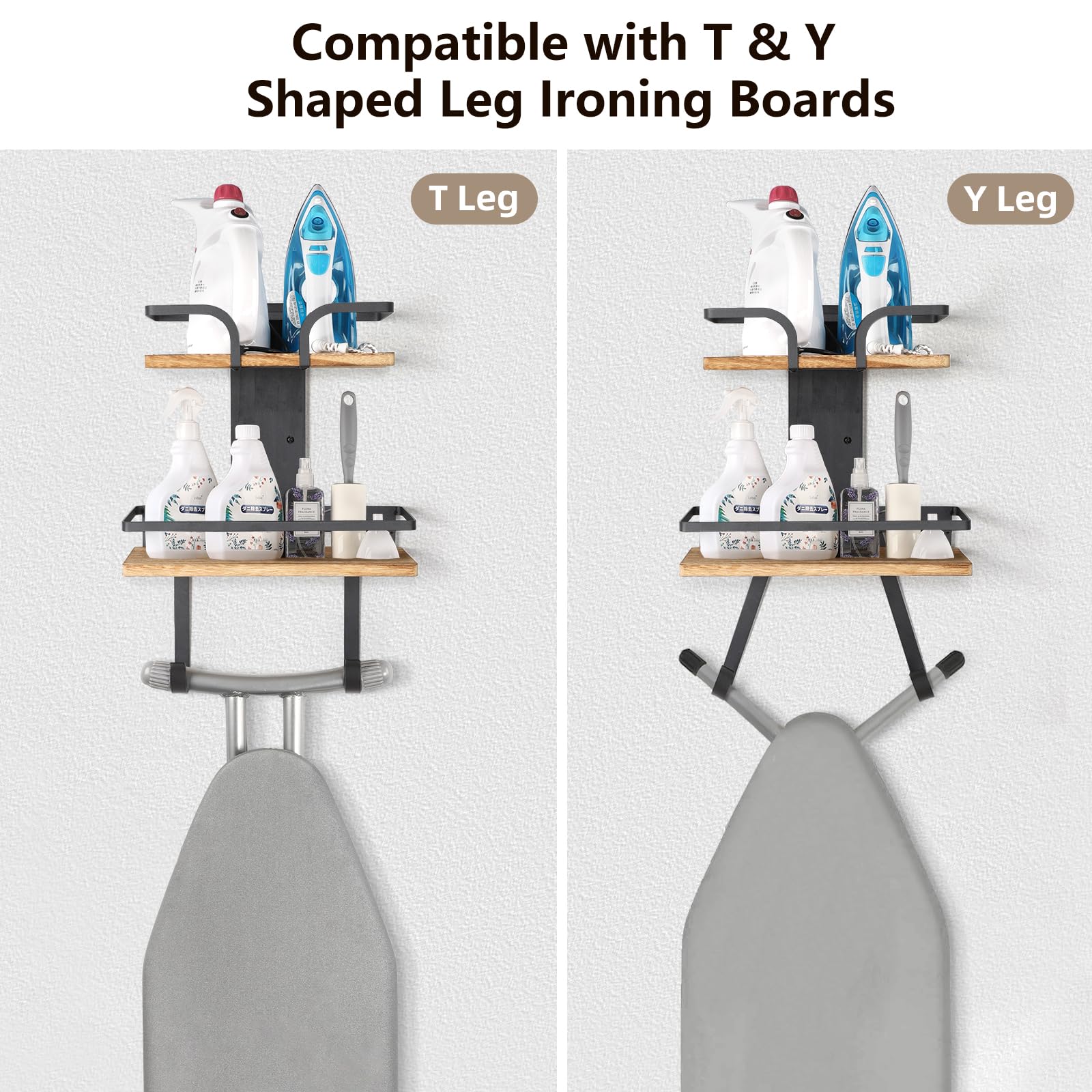 VINAEMO Ironing Board Hanger Wall Mount, 2-Layer Iron and Ironing Board Holder, Laundry Room Shelves Solid Wood with Removable Hooks Home Organization and Storage