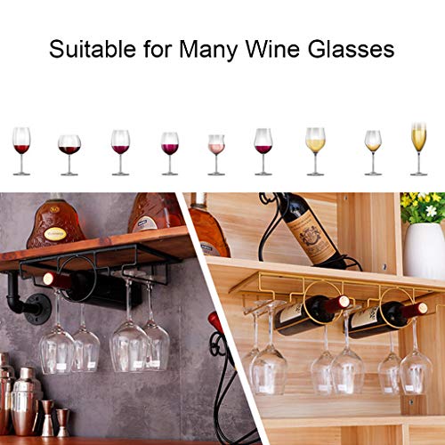 YYSD Hanging Wine Glass Rack and Bottle Holder, Under Cabinet Stemware Rack Glass Holder, Retro Wine Glass Drying Rack for Bar Kitchen Pub(Black,Gold)